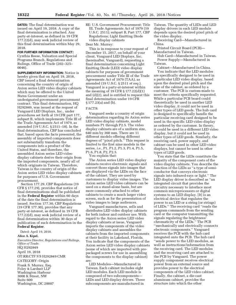 Military TAA & Government Federal Register by Vanguard LED Displays